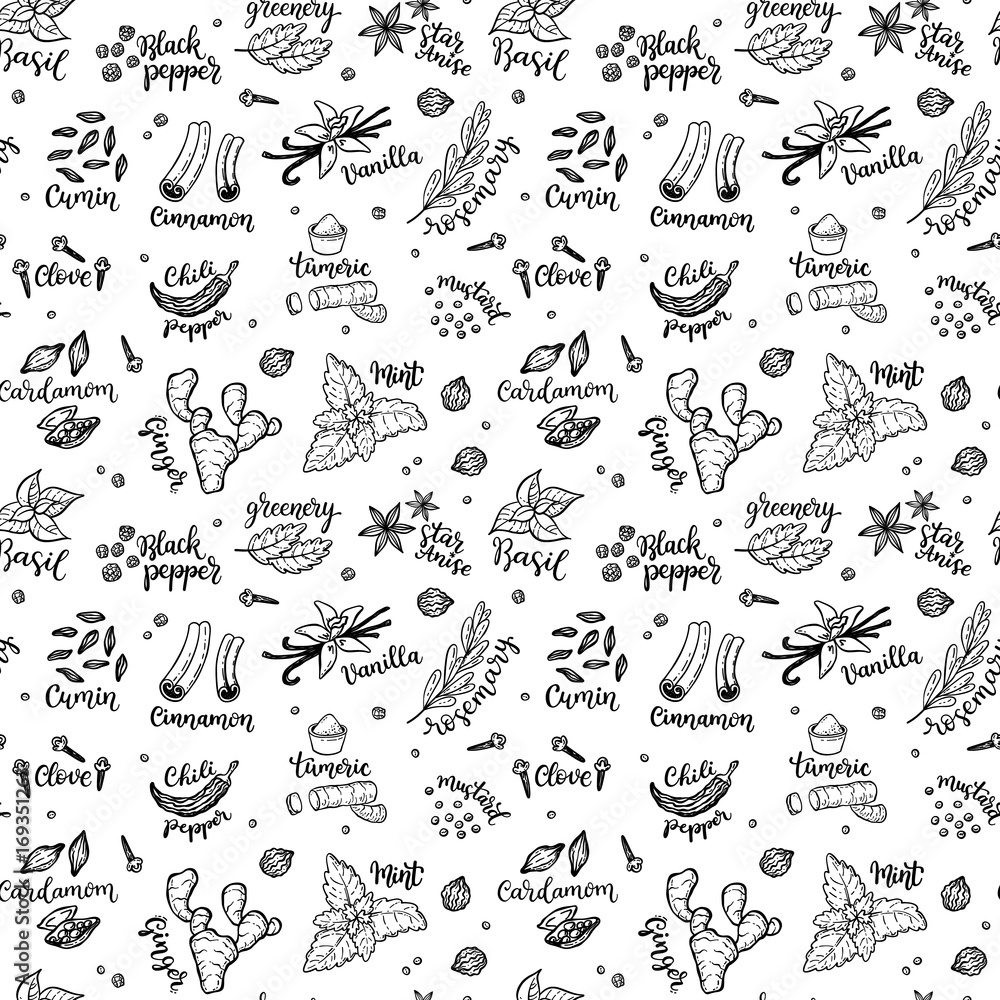 Seamless vector pattern background with hand drawn spices and herbs ... Seamless vector pattern background with hand drawn spices and herbs ...