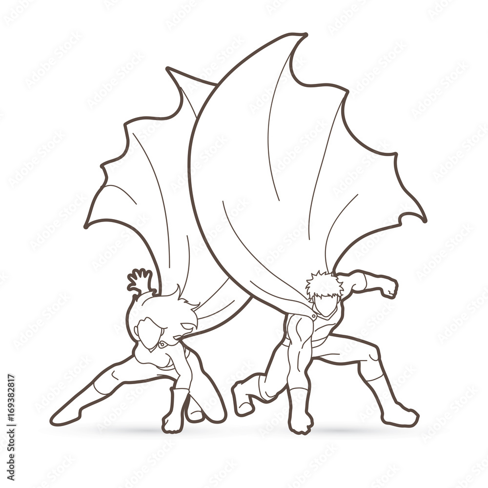 Strong Man and Woman, Couple Superhero landing powerful action outline ...