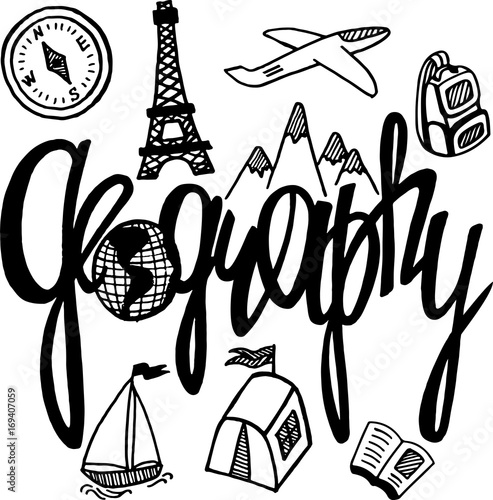 Geography. Subject. Hand drawn lettering. School icon set. Illustration ...