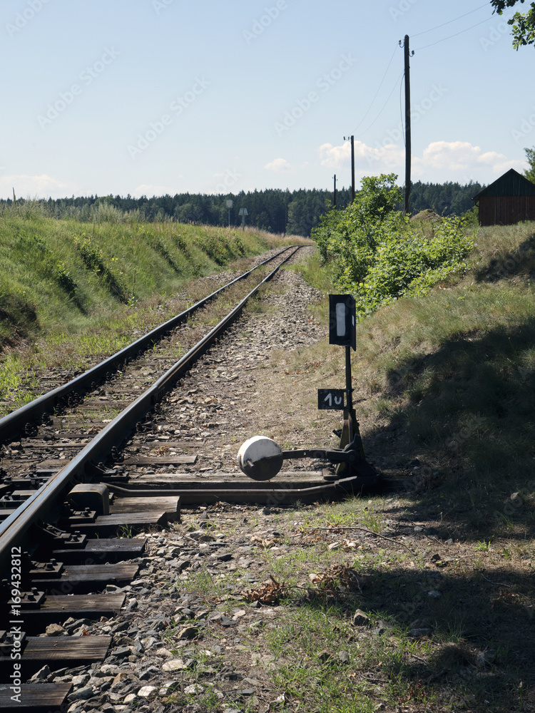 Small train station on narrow-gauge. Sunshine weather, village train ...