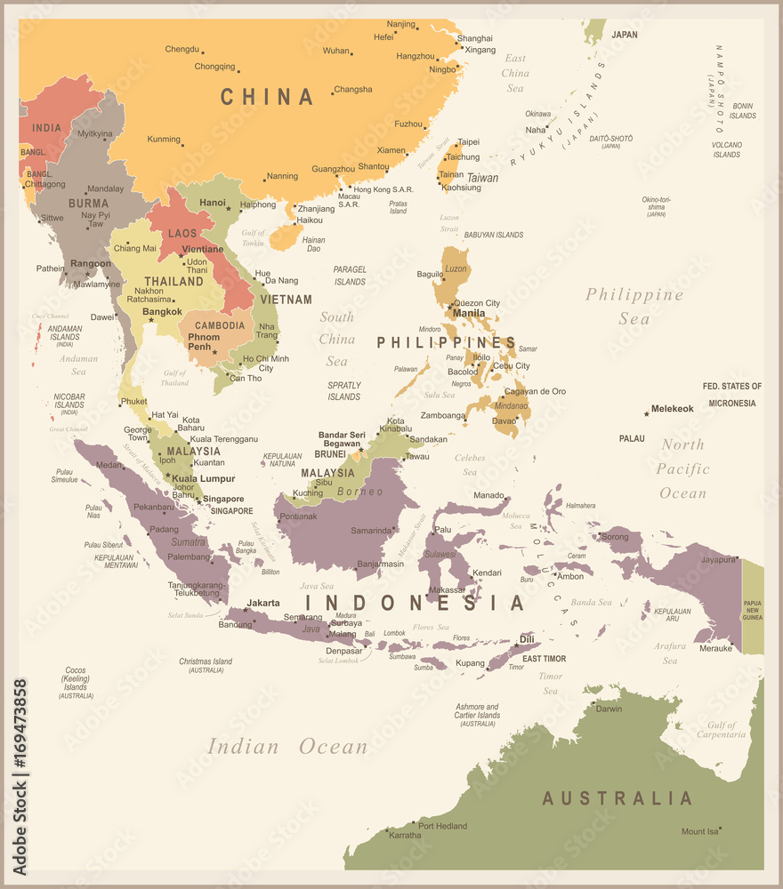 Southeast Asia Map - Vintage Vector Illustration Stock Vector | Adobe Stock