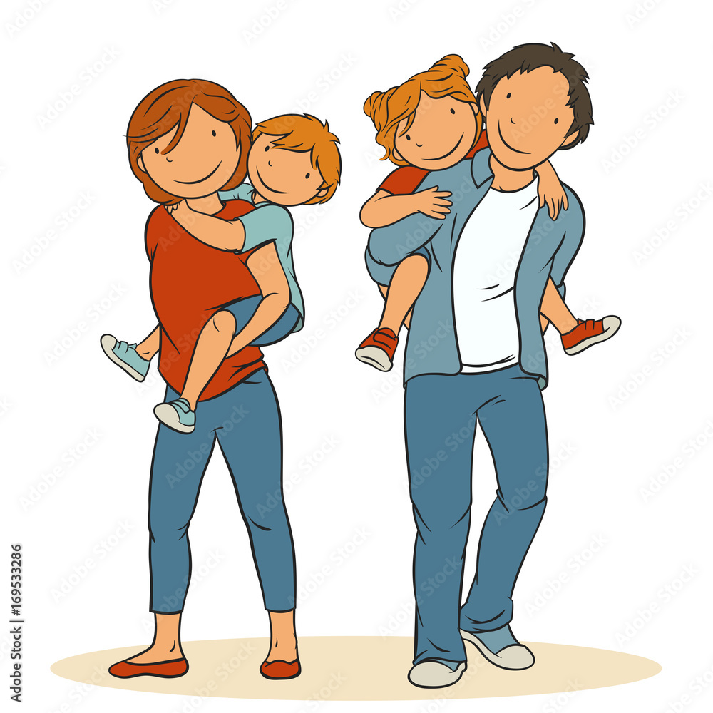 Parents And Children Playing, Piggyback, Vector Illustration. Stock ...