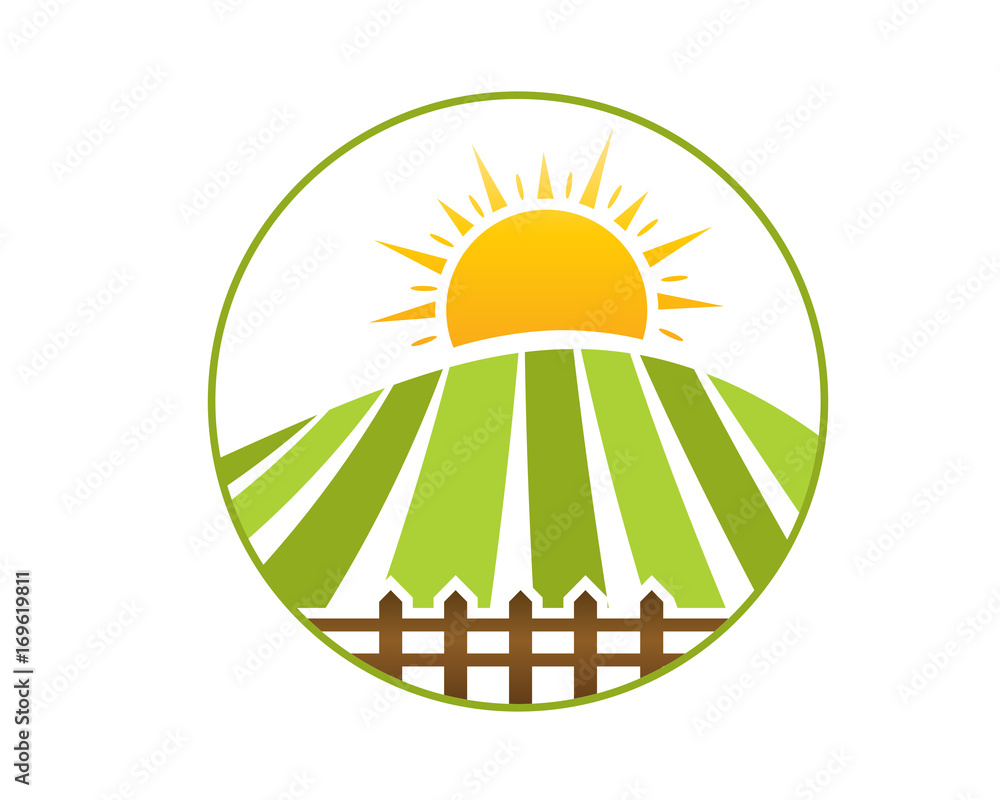 farm field with sun and farm fence within an outline of circle, farm ...