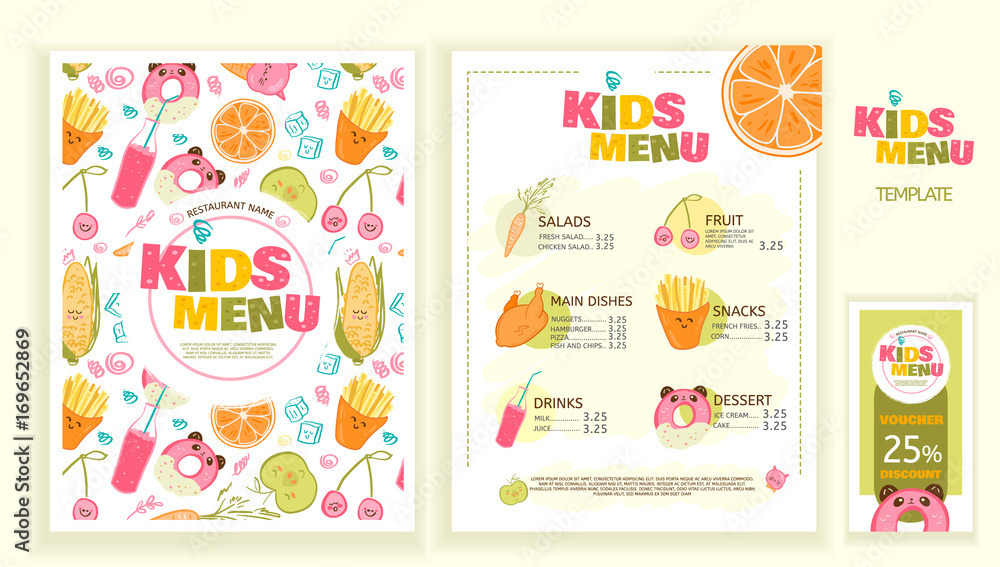 Cute colorful kids meal menu vector template. Funny snacks, fruits and ...