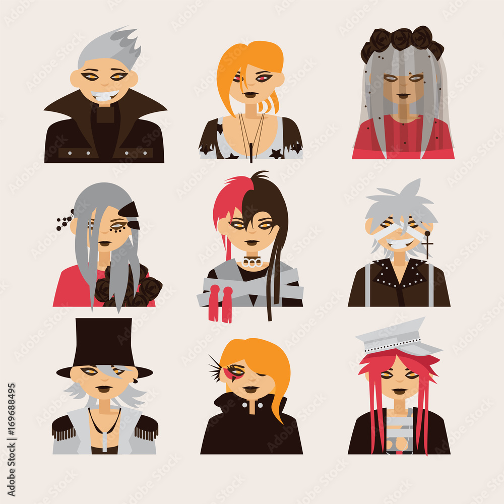 Vector collection with lovely visual kei male characters. Men heads ...