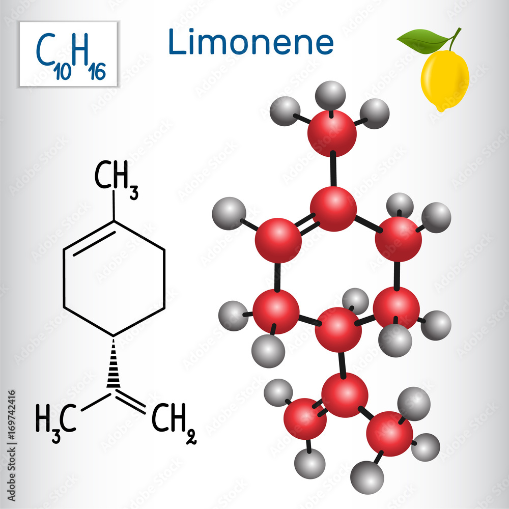 Limonene molecule - structural chemical formula and model Stock Vector ...