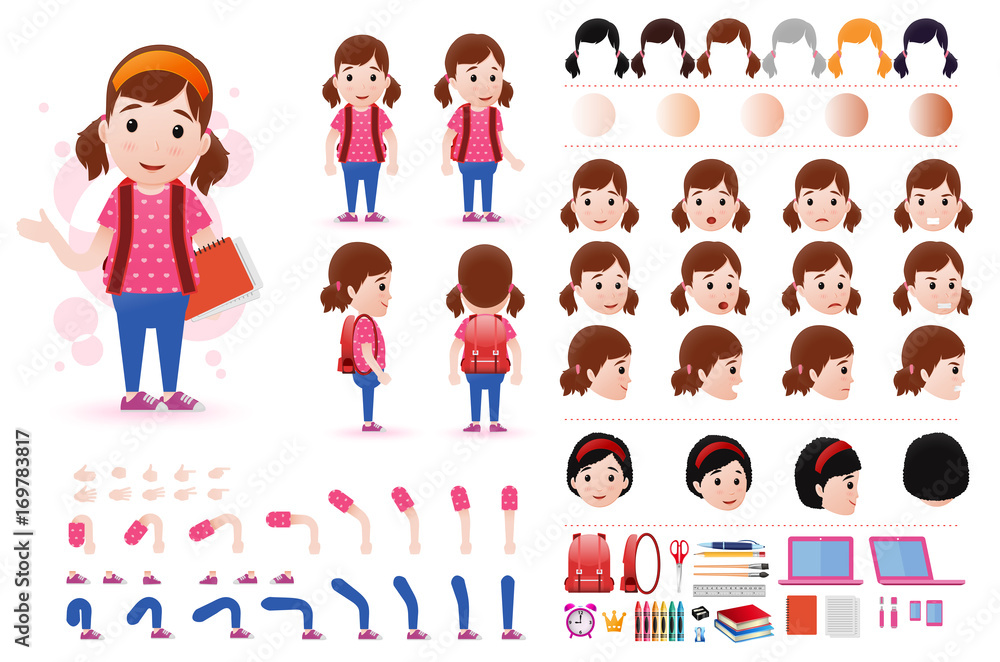 Little Girl Student Character Creation Kit Template with Different ...