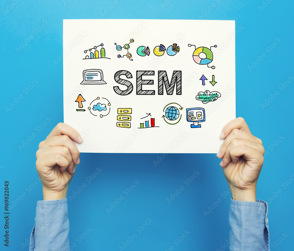 SEM text on a white poster on a blue background Stock Photo | Adobe Stock