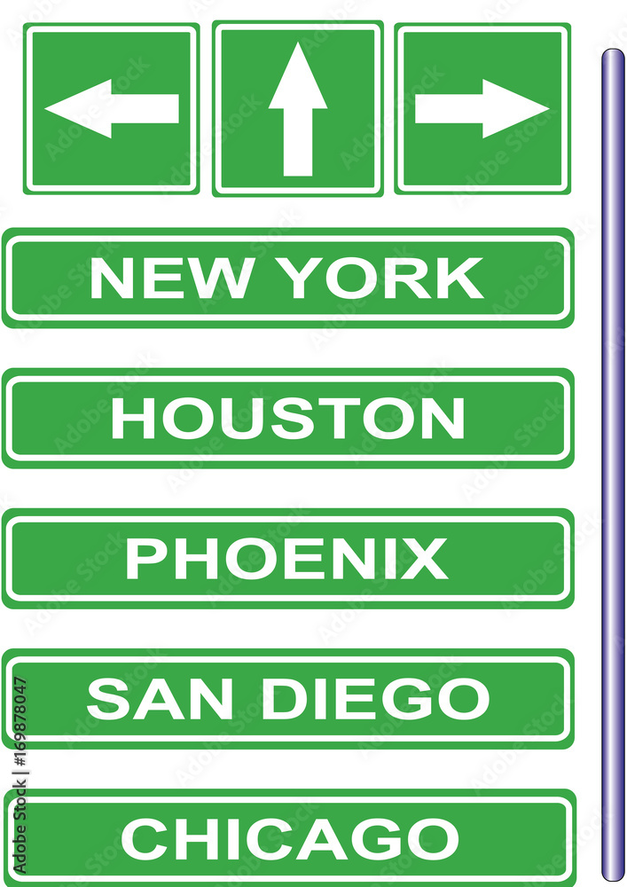 vector drawings of road signs of cities in the United States about ...