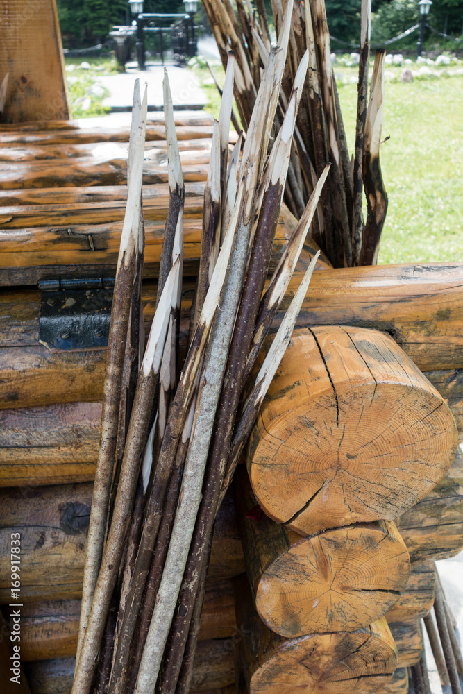 Pile of sharp wooden stick prepared for camp fire, placed near wooden ...