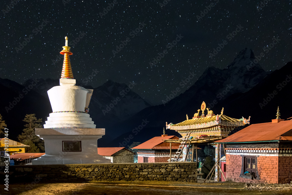 Buddhist stupa of Tengboche Monastery and the top of Everest in the ...