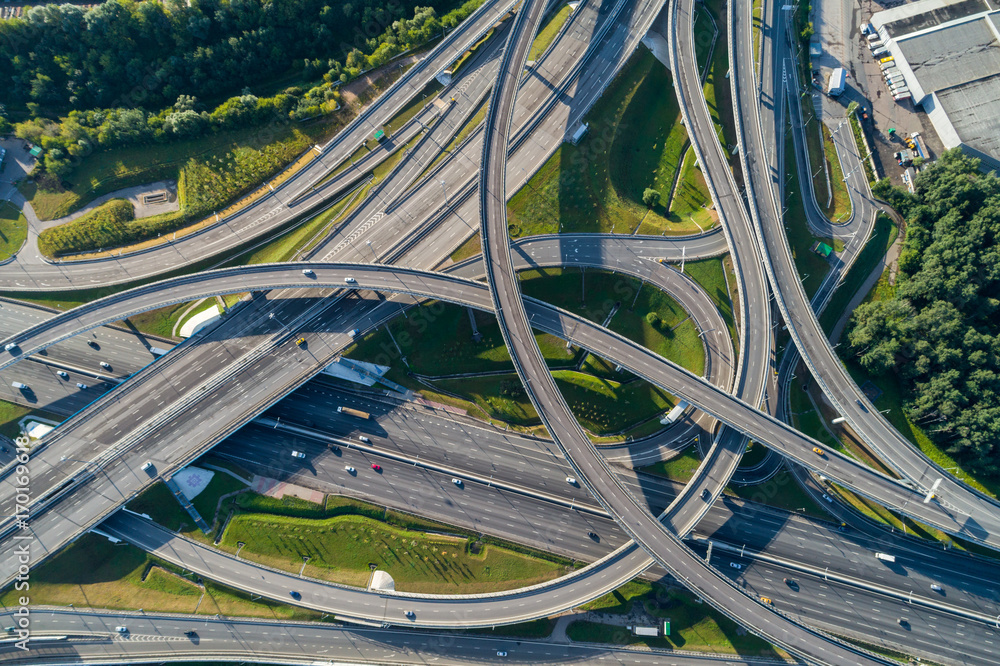 Complex junction and cars traffic. Aerial vertical shot. Stock Photo ...