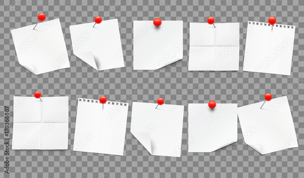 Set of white realistic notes with red pins on gray transparent ...