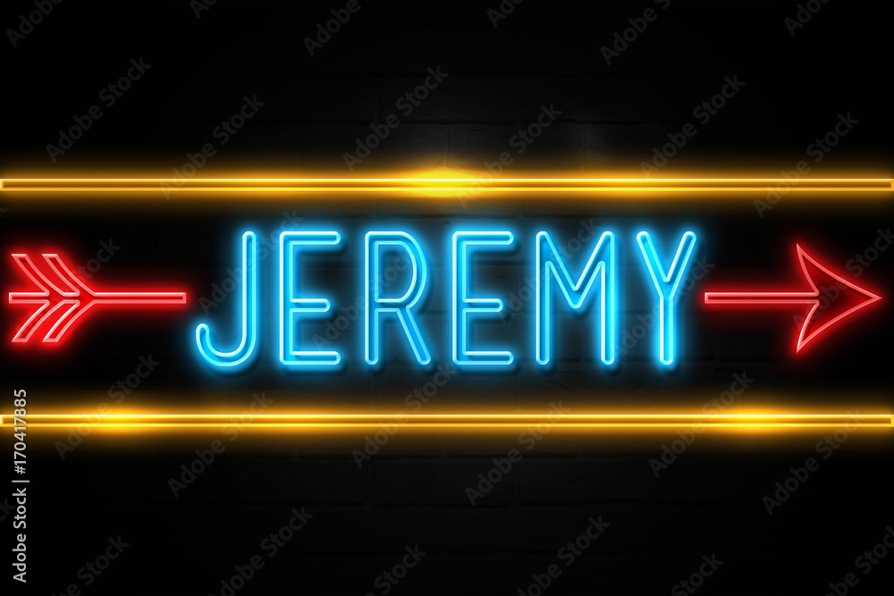 Jeremy - fluorescent Neon Sign on brickwall Front view Stock ...