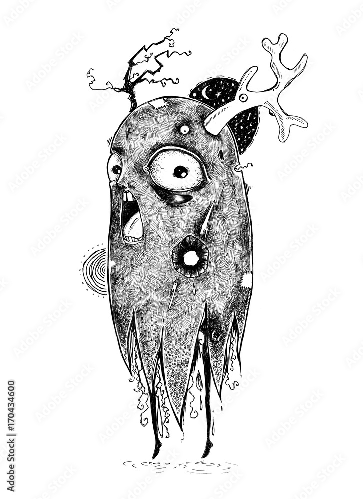 Fictional creepy monster. Nightmare with reindeer antlers. Screaming ...