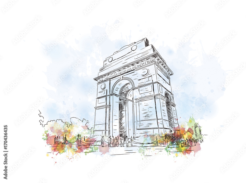 Watercolor sketch of India Gate New Delhi in vector illustration. Stock ...