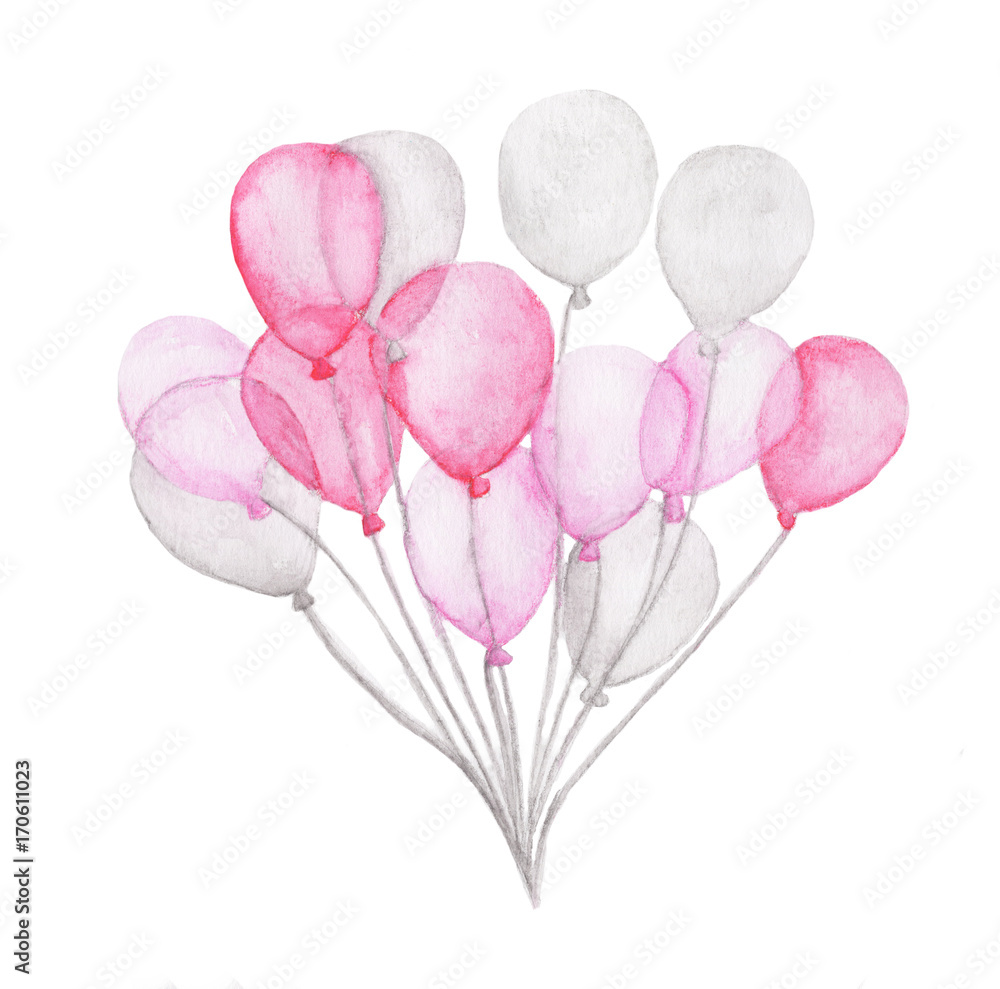 Watercolor Bunch of Balloons . Hand drawn pack of party pink balloons ...