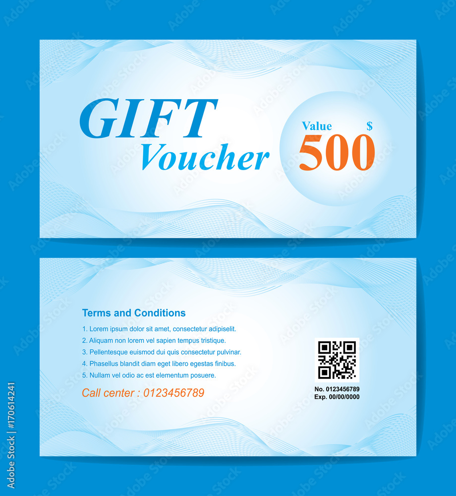 Gift voucher template orange blue line background, front back two side ...