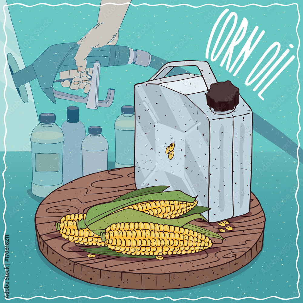 Metal Jerrycan of Corn oil and Maize ears. Filling at gas petrol ...