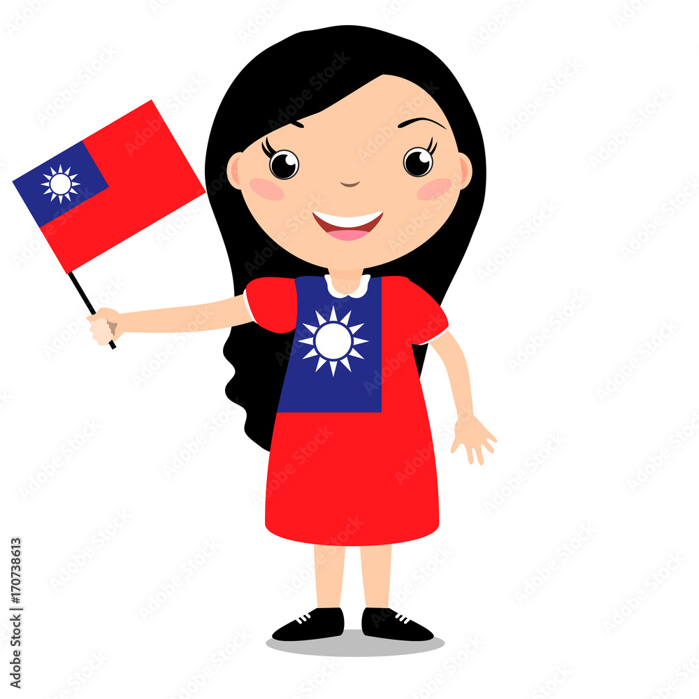 Smiling child, girl, holding a Taiwan flag isolated on white background ...