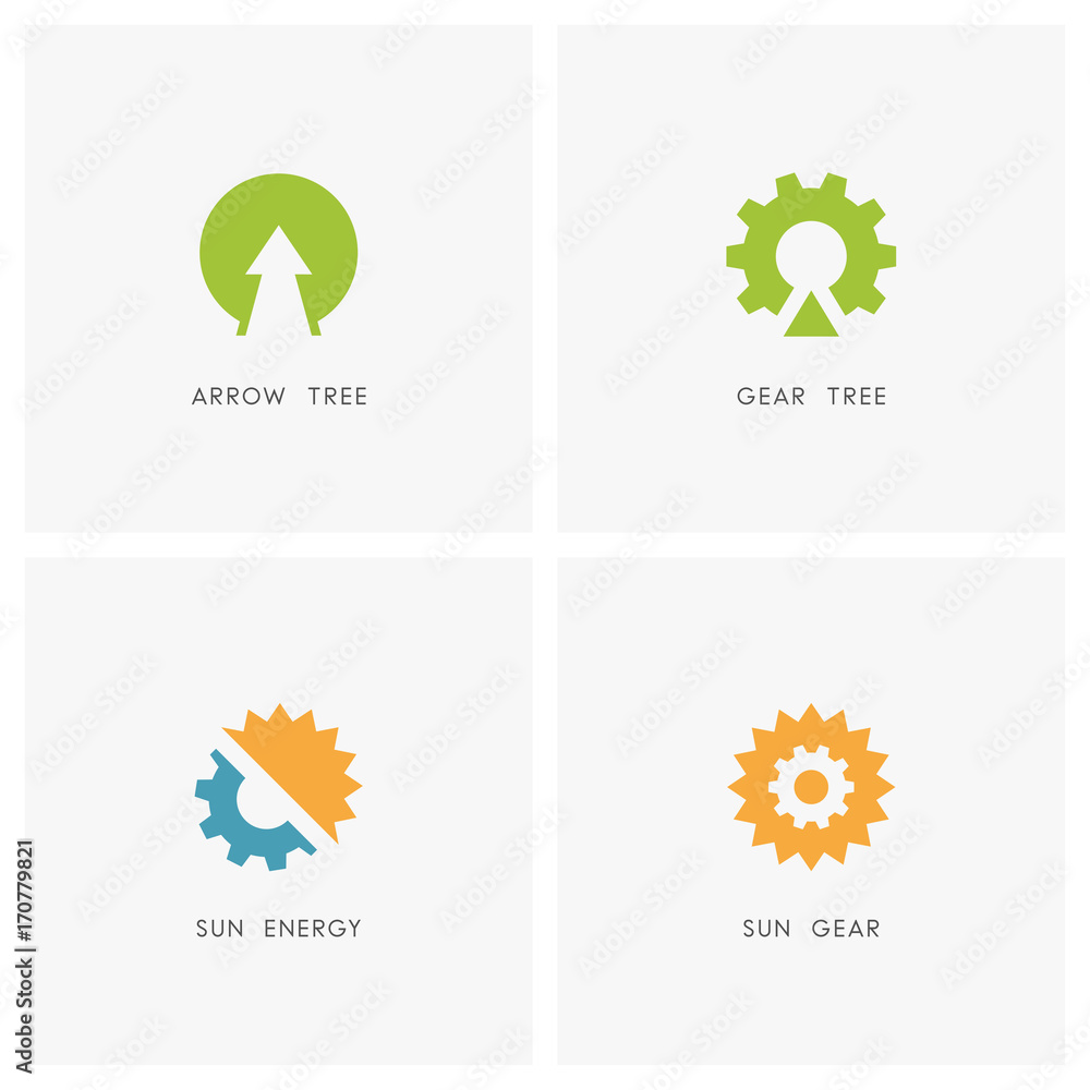 Ecology logo set. Arrow and plant, gear wheel tree, sun or solar with ...