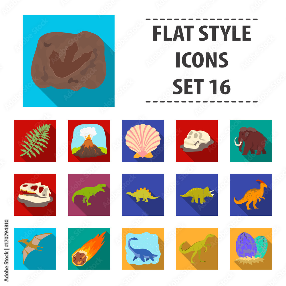 Dinosaurs and prehistoric set icons in flat style. Big collection of ...