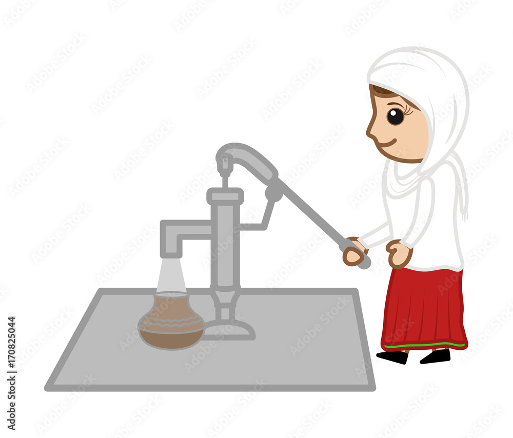Cartoon Woman Pouring Water from Hand Pump Stock Vector | Adobe Stock