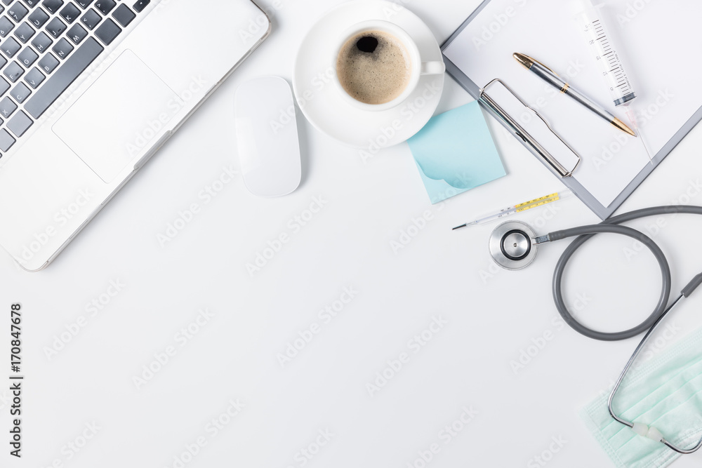Top view of doctor desk table with stethoscope Stock Photo | Adobe Stock