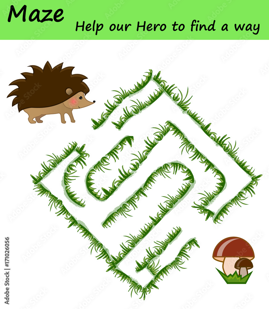 Easy maze puzzle game. Labyrinth for kids. Hedgehog and mushroom motive ...