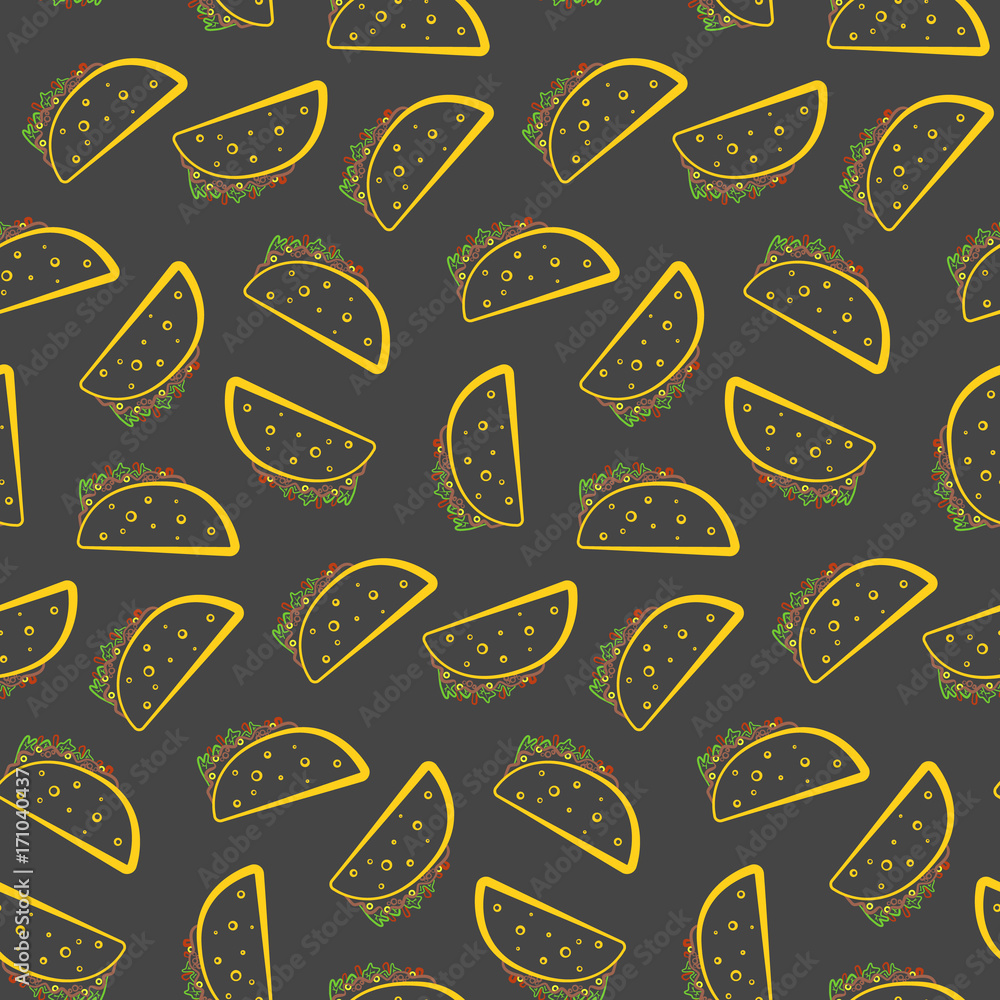 Colorful outline tasty tacos on black background seamless pattern. Cute ...