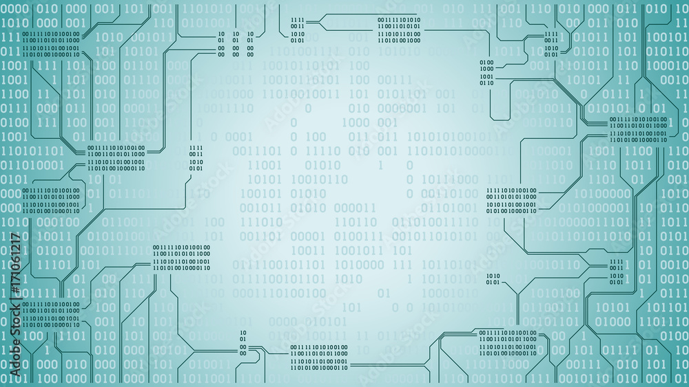 Abstract futuristic electronic circuit board with binary code, computer digital technology ...