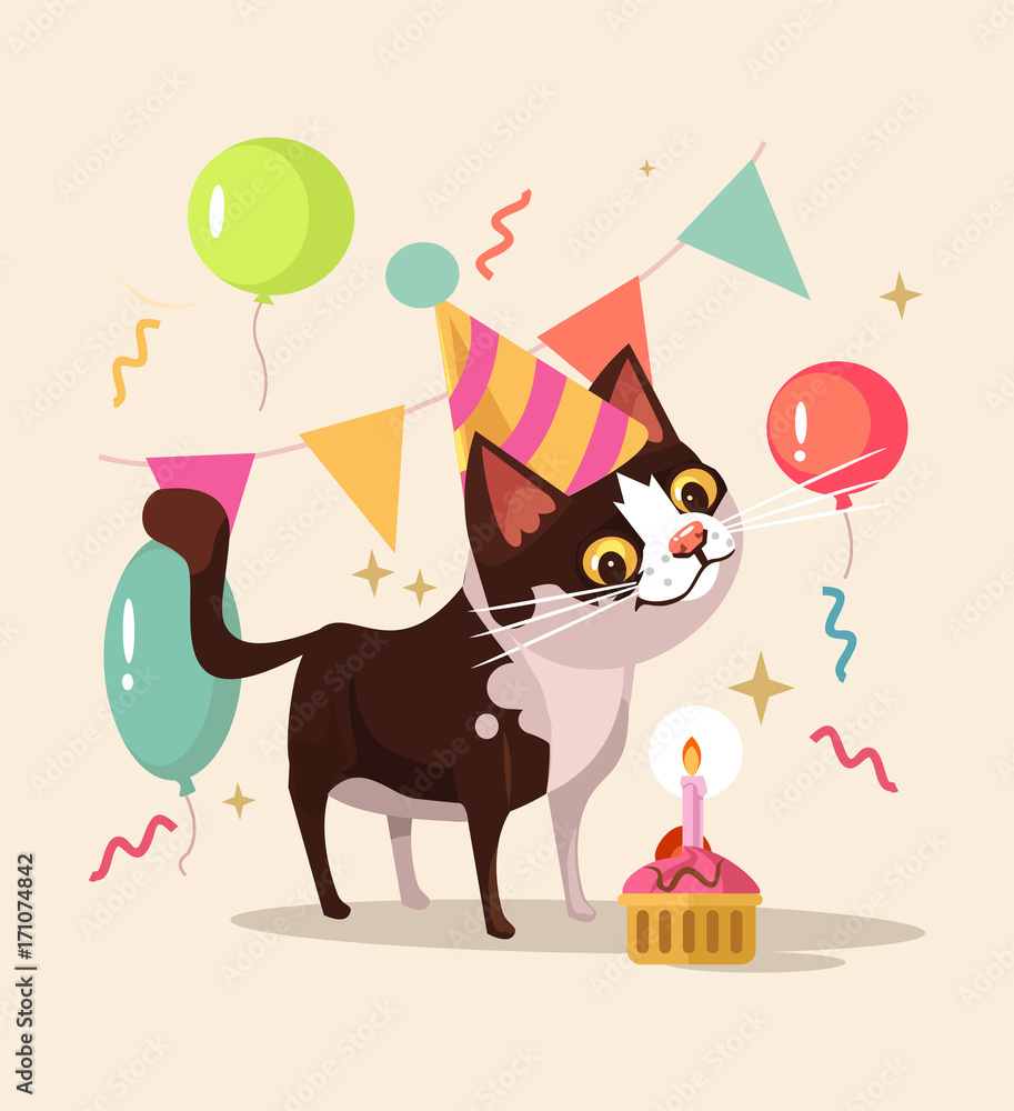 Happy smiling cat character celebrates birthday. Vector flat cartoon ...
