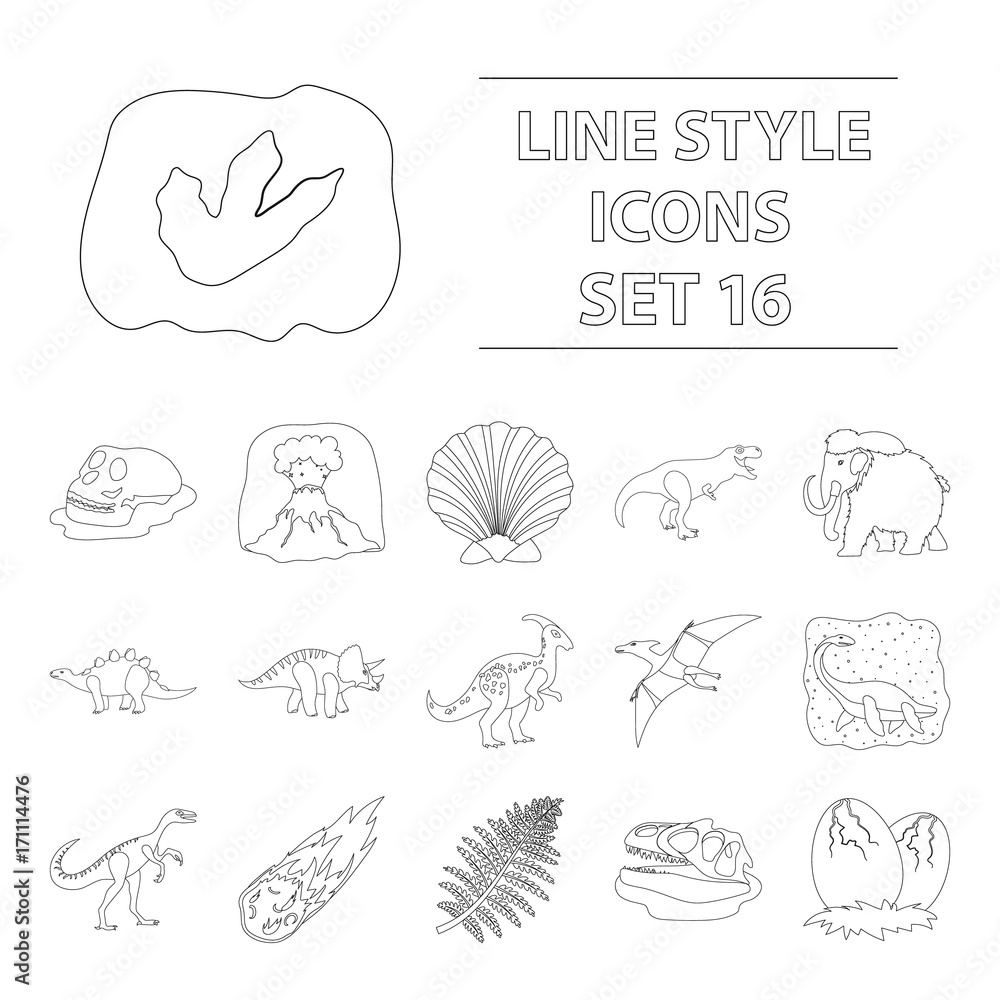Dinosaurs and prehistoric set icons in outline style. Big collection of ...