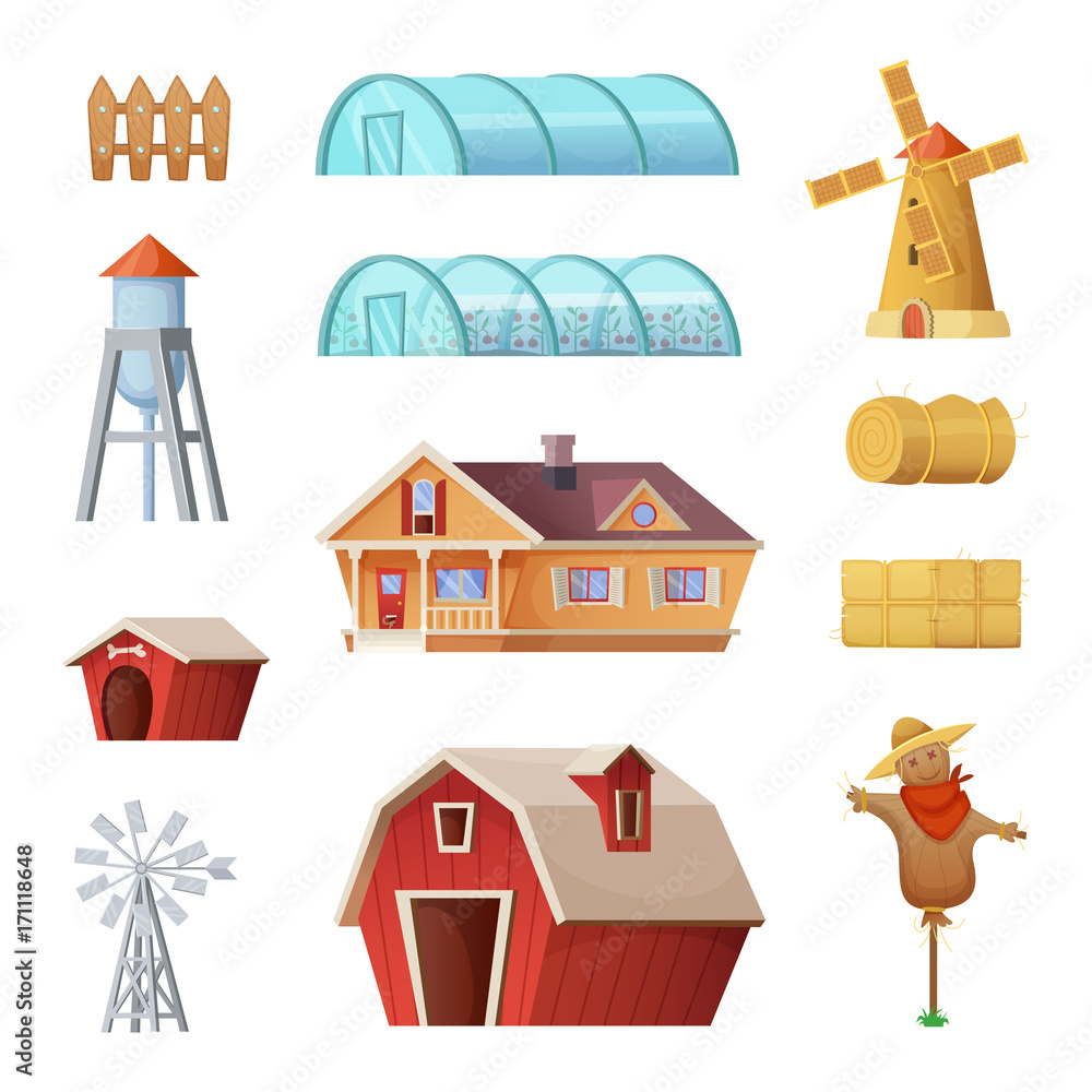 Farm buildings and constructions set. Agriculture industry and ...