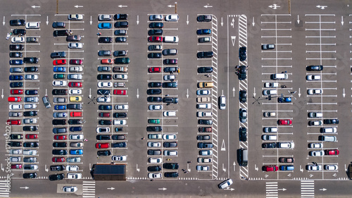 Aerial top view of parking lot with many cars from above ...