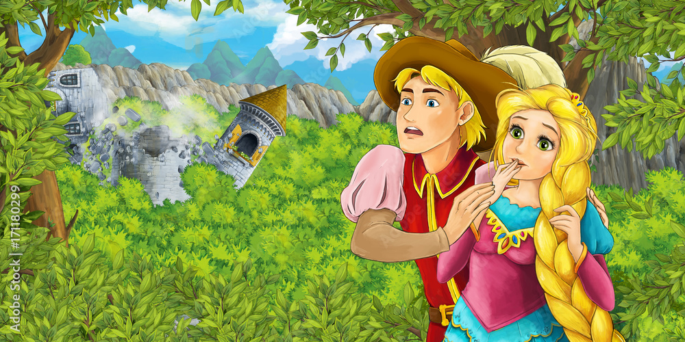 cartoon scene with beautiful princess and prince standing and looking ...