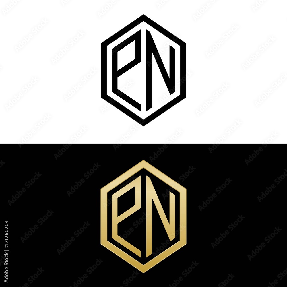 initial letters logo pn black and gold monogram hexagon shape vector ...