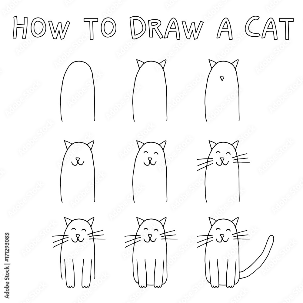 Drawing tutorial for children: How to draw a cat step by step Stock ...