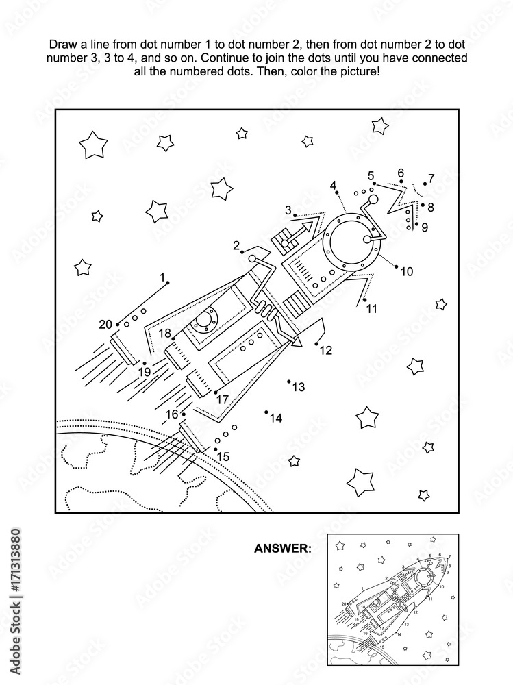 Connect the dots picture puzzle and coloring page, space exploration ...