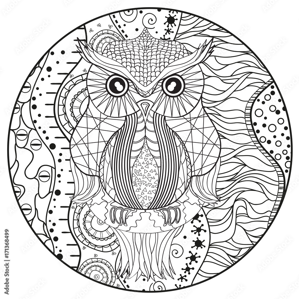 Mandala with owl. Zentangle. Hand drawn abstract patterns on isolation ...