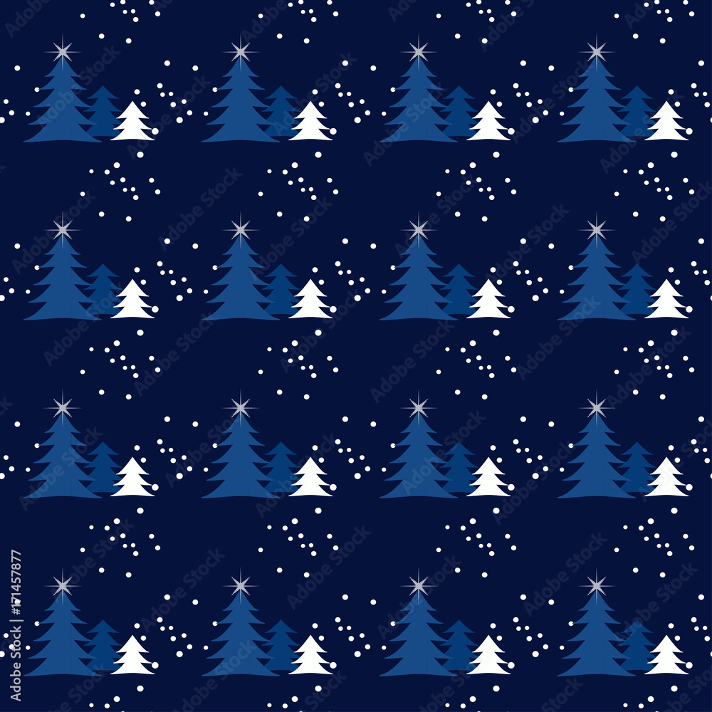 Blue Christmas seamless pattern with pine tree, snow and star, editable ...