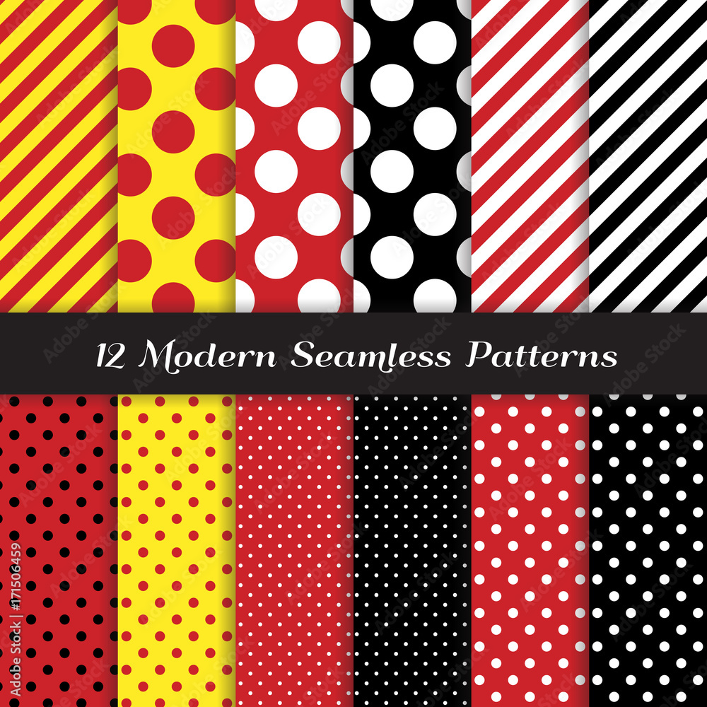 Polka Dots and Diagonal Stripes Seamless Vector Patterns in Red, Black ...