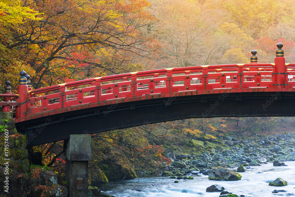 Shinkyo Bridge during autumn in Nikko, Tochigi, Japan Stock Photo ...