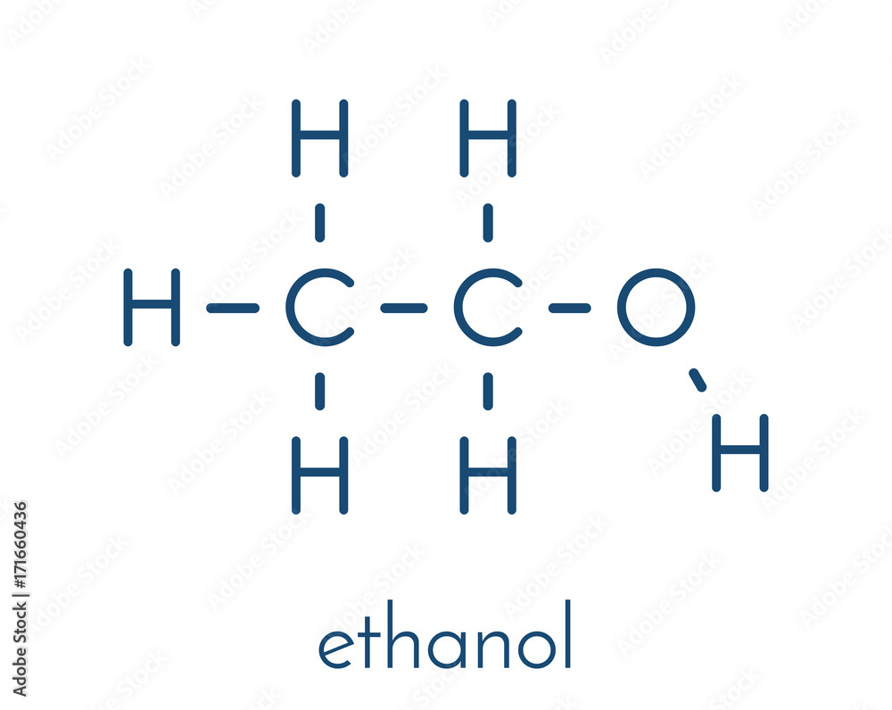 Alcohol (ethanol, ethyl alcohol) molecule, chemical structure. Skeletal ...