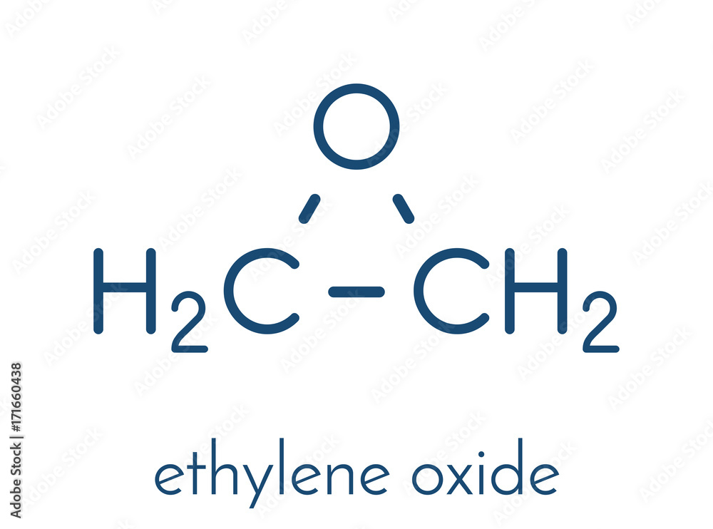 Ethylene oxide (oxirane) molecule. Uses include sterilization of ...