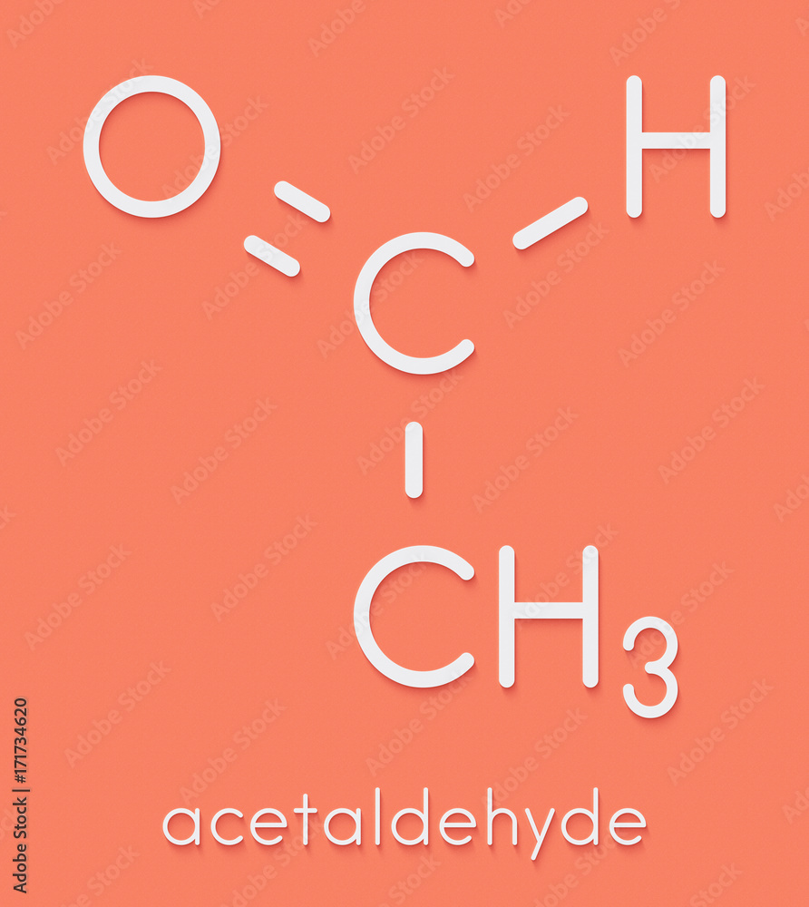 Acetaldehyde (ethanal) molecule, chemical structure. Acetaldehyde is a ...