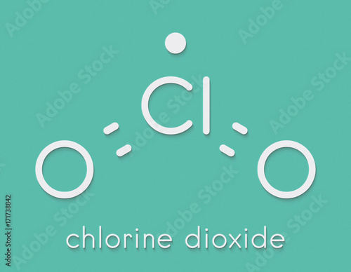Chlorine dioxide (ClO2) molecule. Used in pulp bleaching and for ...