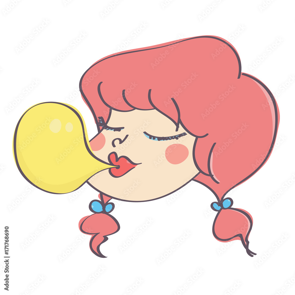 Cute girl head with pink pony tails blowing chewing gum bubble, vector ...