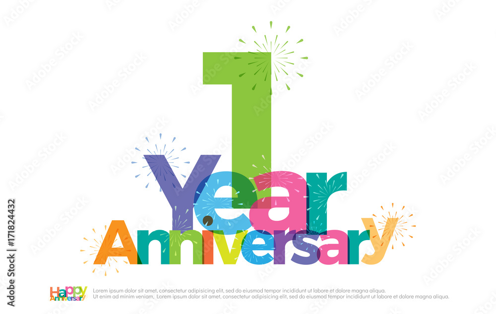 1 year anniversary celebration colorful logo with fireworks on white ...