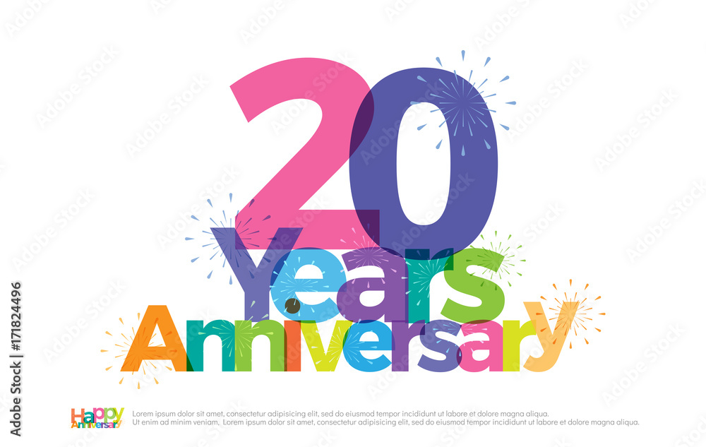 20 years anniversary celebration colorful logo with fireworks on white ...